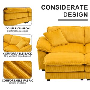 Wrofly Loveseat Sofa with Ottoman, 84.6" Comfy Upholstered Corduroy 2 Seater Chaise Lounge, Oversized Deep Seat Cloud Couch, Modern Modular Sectional Sofa for Living Room Apartment, Yellow