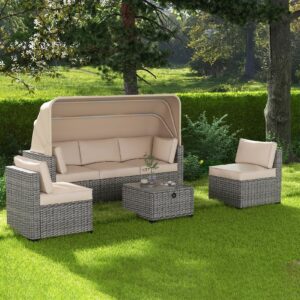 olimix 6 rattan pieces patio furniture sets, outdoor daybed with retractable canopy, outdoor sectional sofa set with adjustable backrest, chaise chair sunbed for garden patio backyard（grey）