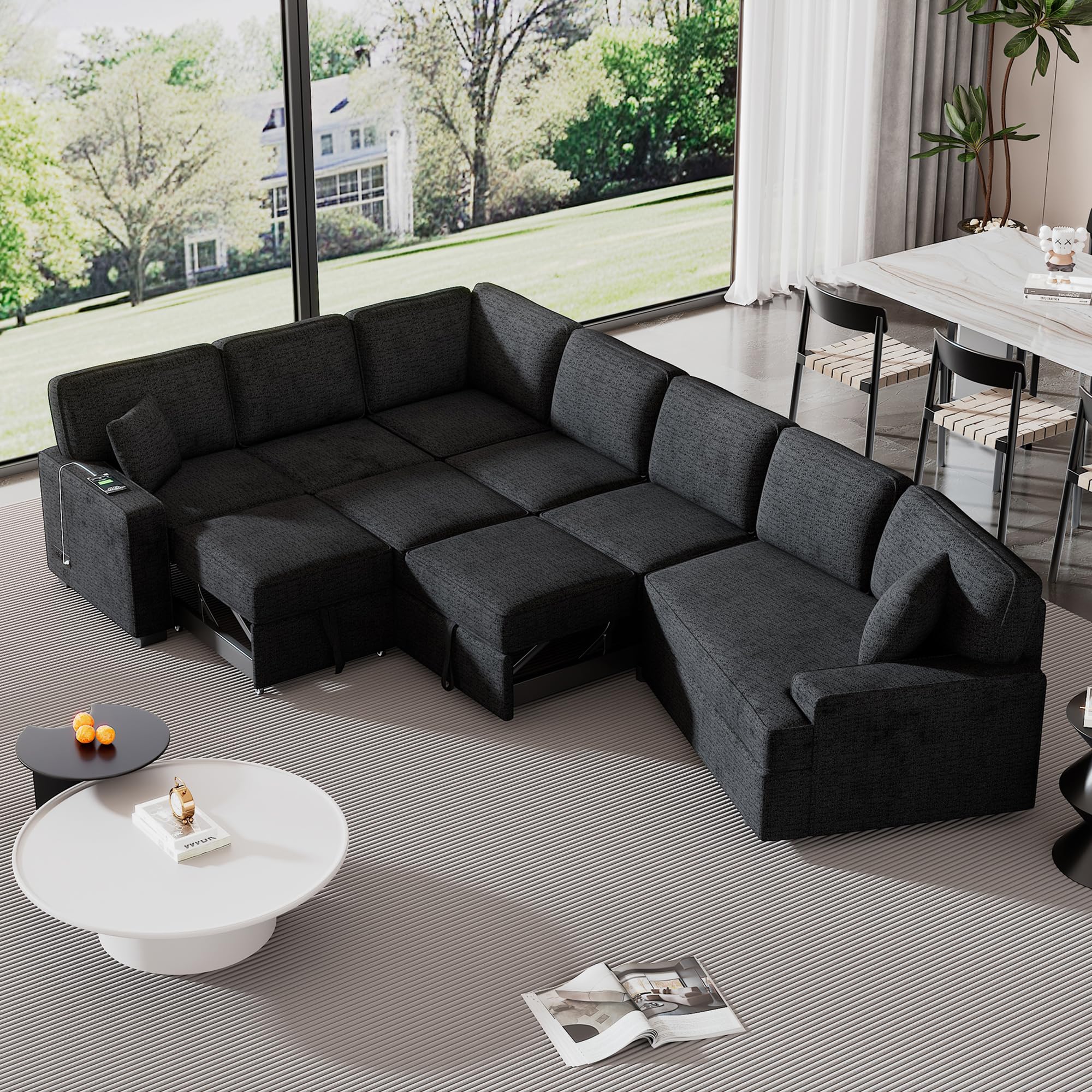 P PURLOVE L-Shaped Sectional Sofa with Cup Holders, Chenille L-Shaped Couch Pull-Out Sofa Bed with Charging Devices for Living Room (Blue Black)