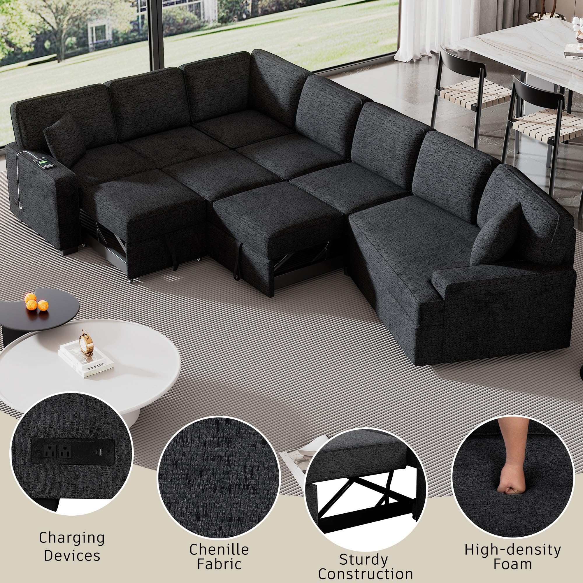 P PURLOVE L-Shaped Sectional Sofa with Cup Holders, Chenille L-Shaped Couch Pull-Out Sofa Bed with Charging Devices for Living Room (Blue Black)