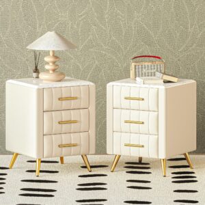 merax nightstand with drawers set of 2, upholstered wood bedside end table with marbling top, beige