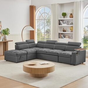 microfiber sectional sleeper sofa with pull-out bed , 5 seater convertible l-shaped couch with adjustable headrest , storage armrest , ottoman ,cupholder ,360° rotated table ,usb ports for living room