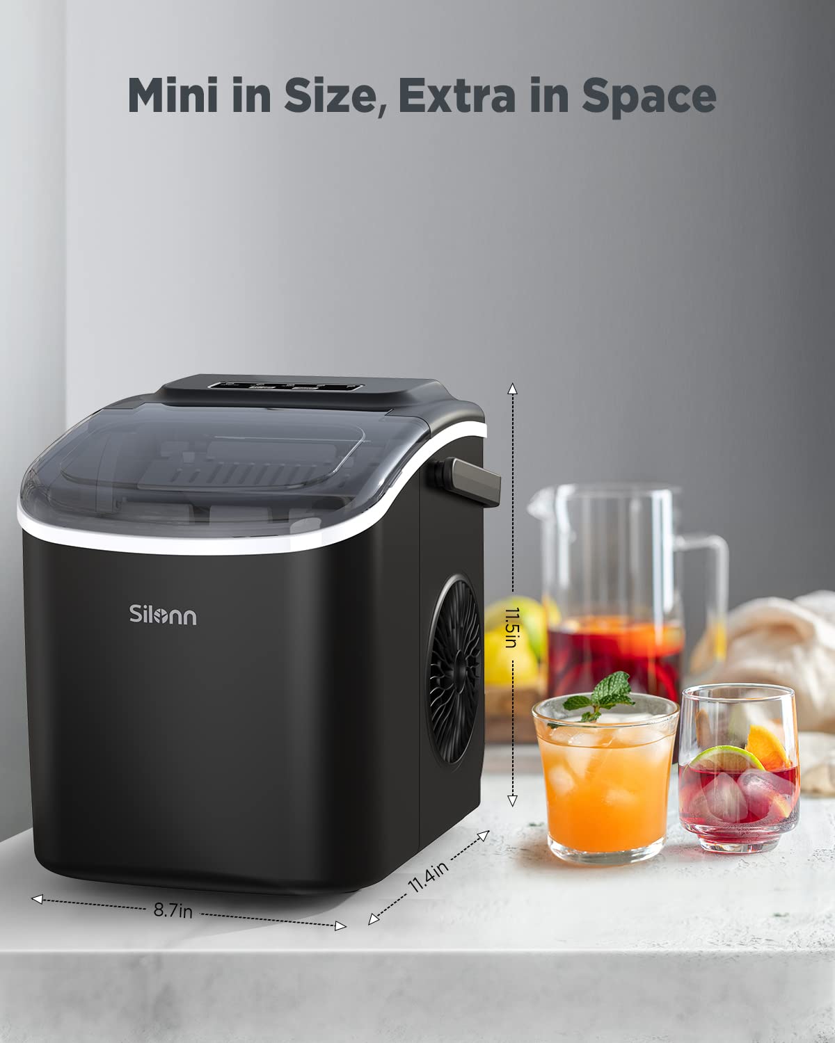 Silonn Ice Makers Countertop, 26Lbs/24H, Self-Cleaning Ice Machine, 9 Cubes Ready in 6 Mins, 2 Sizes of Bullet Ice for Home Kitchen Office Bar Party,Black