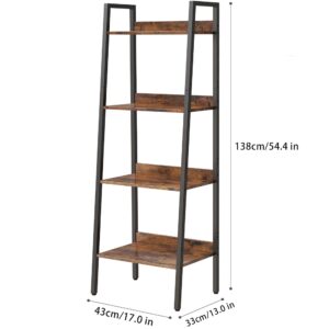 Bookshelf, Ladder Shelf with Steel Frame, 4-Tier Industrial Bookcase, Narrow Tiered Shelf for Small Space, Corner Shelf for Living Room, Home Office, Kitchen, Bedroom, Bathroom（Rustic Brown & Black）