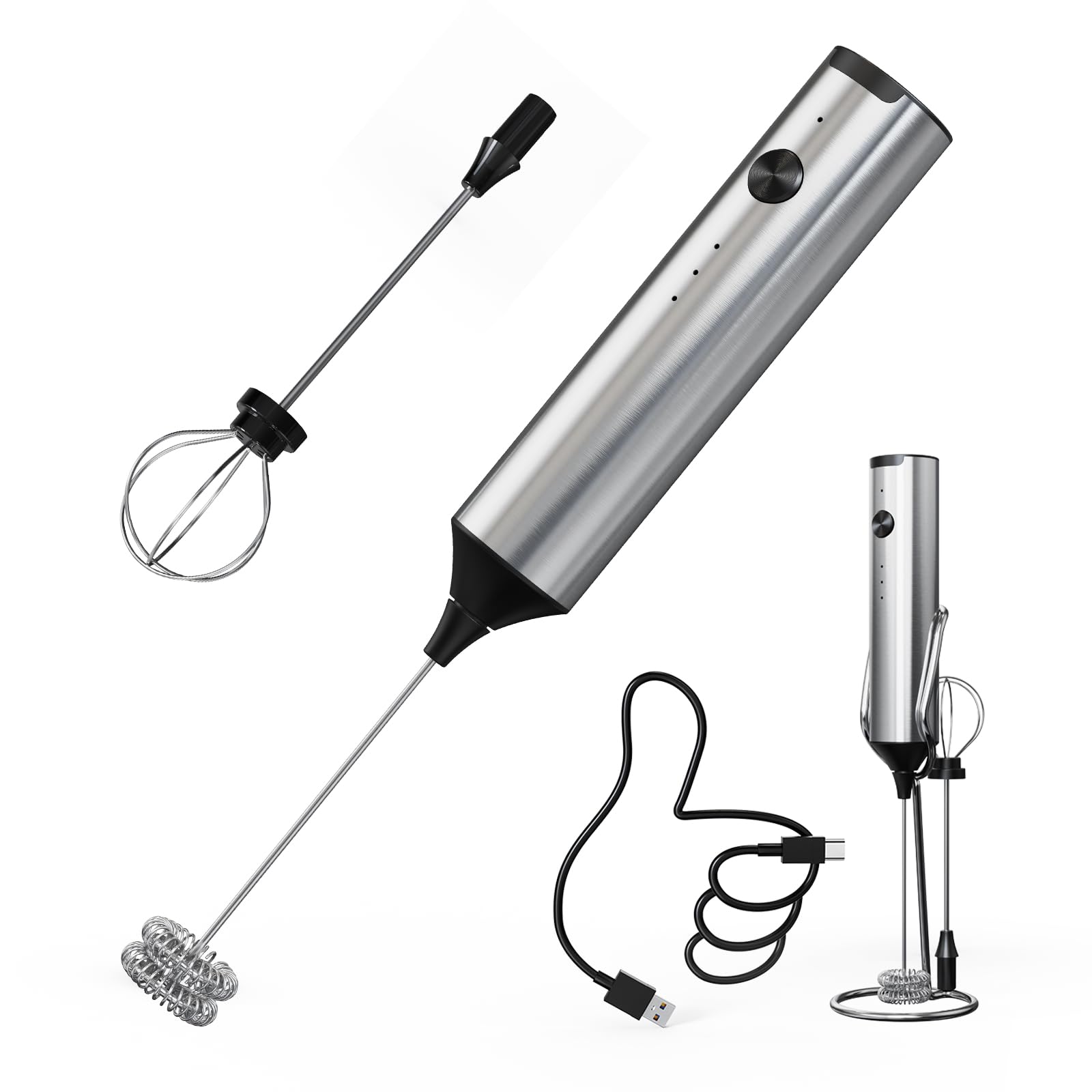 CIRCLE JOY Powerful Milk Frother Handheld with 3-Speed, Coffee Frother Wand Rechargeable Mini Drink Mixer with 2 Stainless Steel Whisk for Matcha, Hot Chocolate, Cappuccino,& Egg Mini Frother