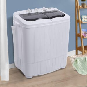 portable washing machine and dryer, 14lbs twin tub portable washer dryer combo with gravity drain, semi-auto 7.7lbs washer mini laundry machine with 6.6lbs spinner for dorms, apartments, rvs, gray