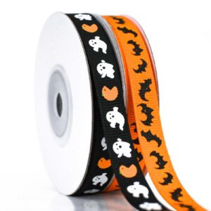 2 rolls 20 yards halloween ribbon 3/8 inch, orange and black ribbon bat ghost pumpkin ribbon halloween ribbons for crafts, gift wrapping, bows making, halloween party decoration (halloween)