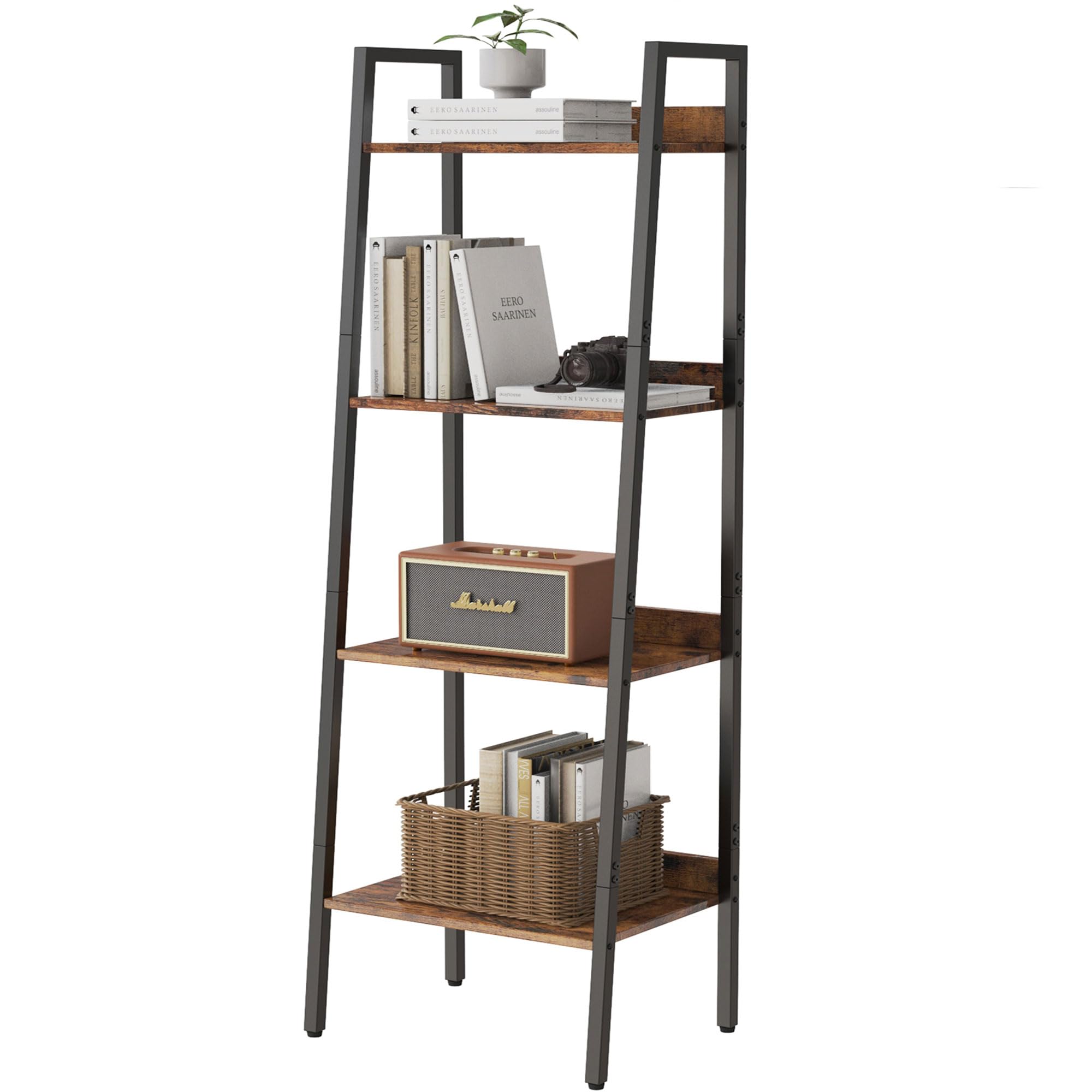 Bookshelf, Ladder Shelf with Steel Frame, 4-Tier Industrial Bookcase, Narrow Tiered Shelf for Small Space, Corner Shelf for Living Room, Home Office, Kitchen, Bedroom, Bathroom（Rustic Brown & Black）