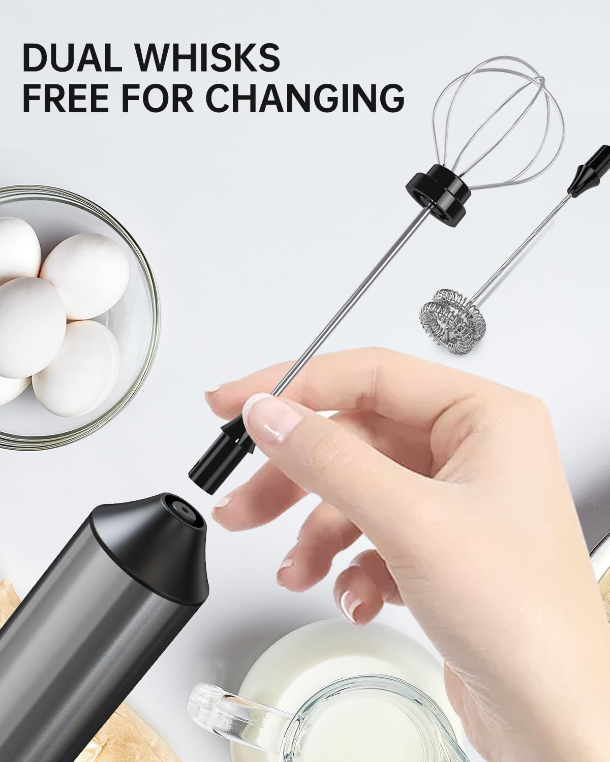 CIRCLE JOY Powerful Milk Frother Handheld with 3-Speed, Coffee Frother Wand Rechargeable Mini Drink Mixer with 2 Stainless Steel Whisk for Matcha, Hot Chocolate, Cappuccino,& Egg Mini Frother