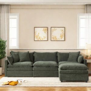 chicfurnit couch, l-shaped sectional sofa, luxury chenille fabric sofa couch with foam cushions, comfy upholstered modular sofa with ottoman for living room, apartment & office, green