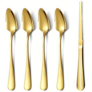 grapefruit spoons serrated edge grapefruit knife stainless steel grapefruit utensil tool dessert spoons for citrus lemon kiwi salads melon lime pitaya apple fruit puree (gold)