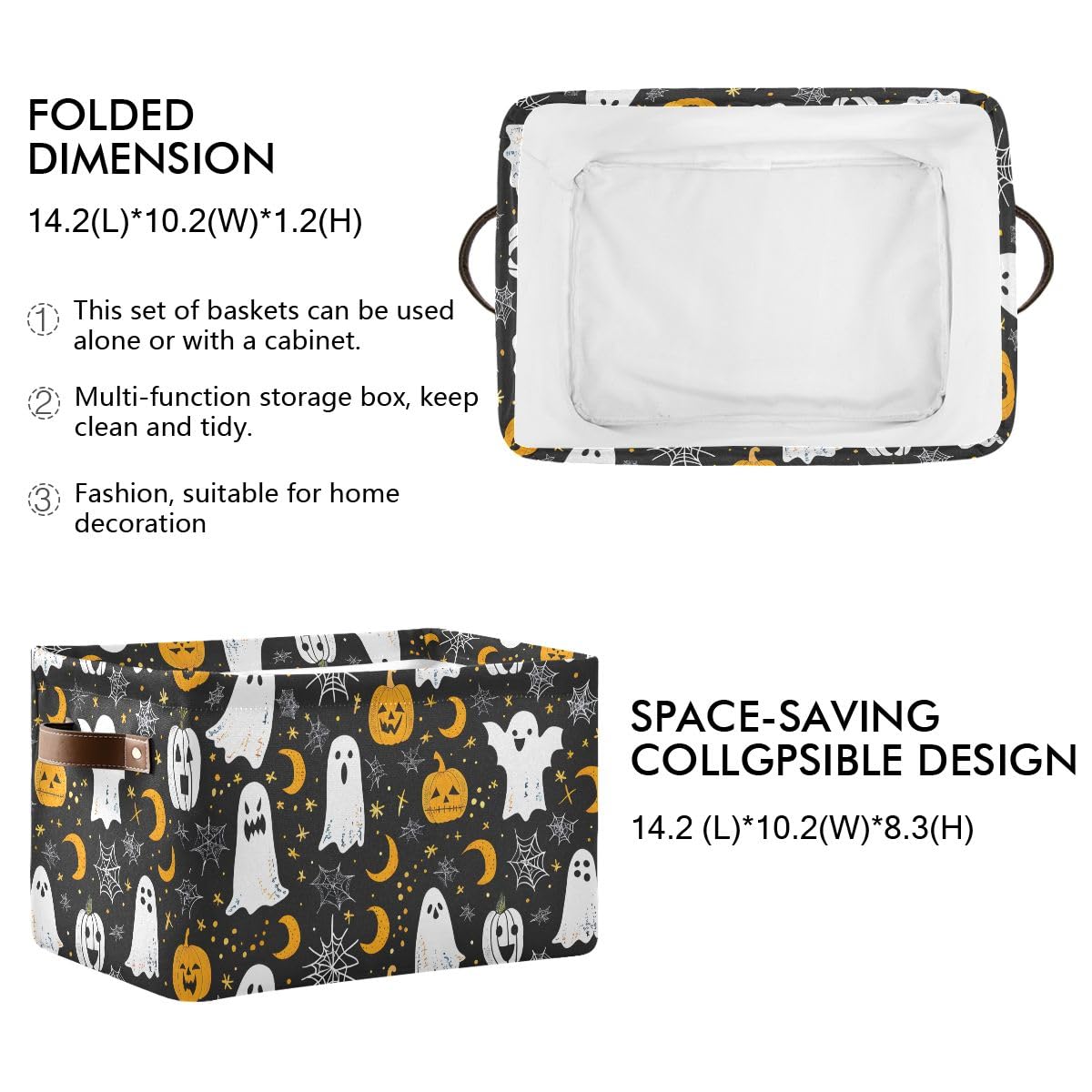 Halloween Devil and Pumpkin Storage Basket,Spider Web Large Storage Bin Fabric Collapsible Organizer Bag with Handles 15x11x9.5 inch