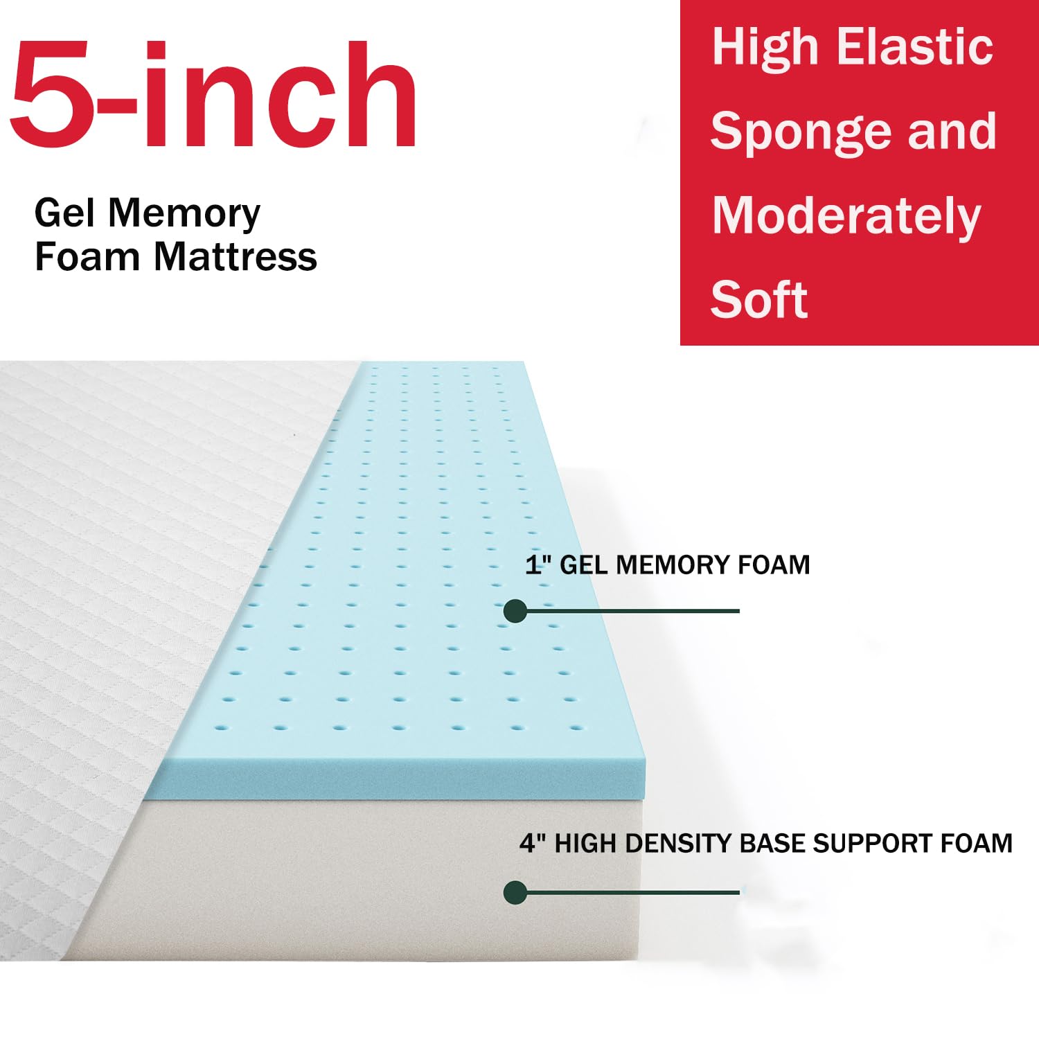 5 Inch Twin Mattress Gel Memory Foam Mattress for Cool Sleep Pressure Relief Breathable Cover Mattress Medium Firm Twin Size Mattress in a Box Cooling Gel Bed Mattresses, White