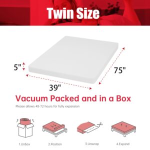 5 Inch Twin Mattress Gel Memory Foam Mattress for Cool Sleep Pressure Relief Breathable Cover Mattress Medium Firm Twin Size Mattress in a Box Cooling Gel Bed Mattresses, White