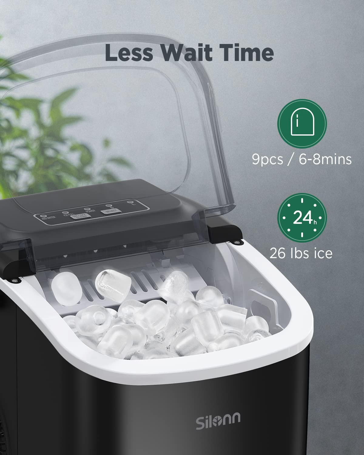 Silonn Ice Makers Countertop, 26Lbs/24H, Self-Cleaning Ice Machine, 9 Cubes Ready in 6 Mins, 2 Sizes of Bullet Ice for Home Kitchen Office Bar Party,Black