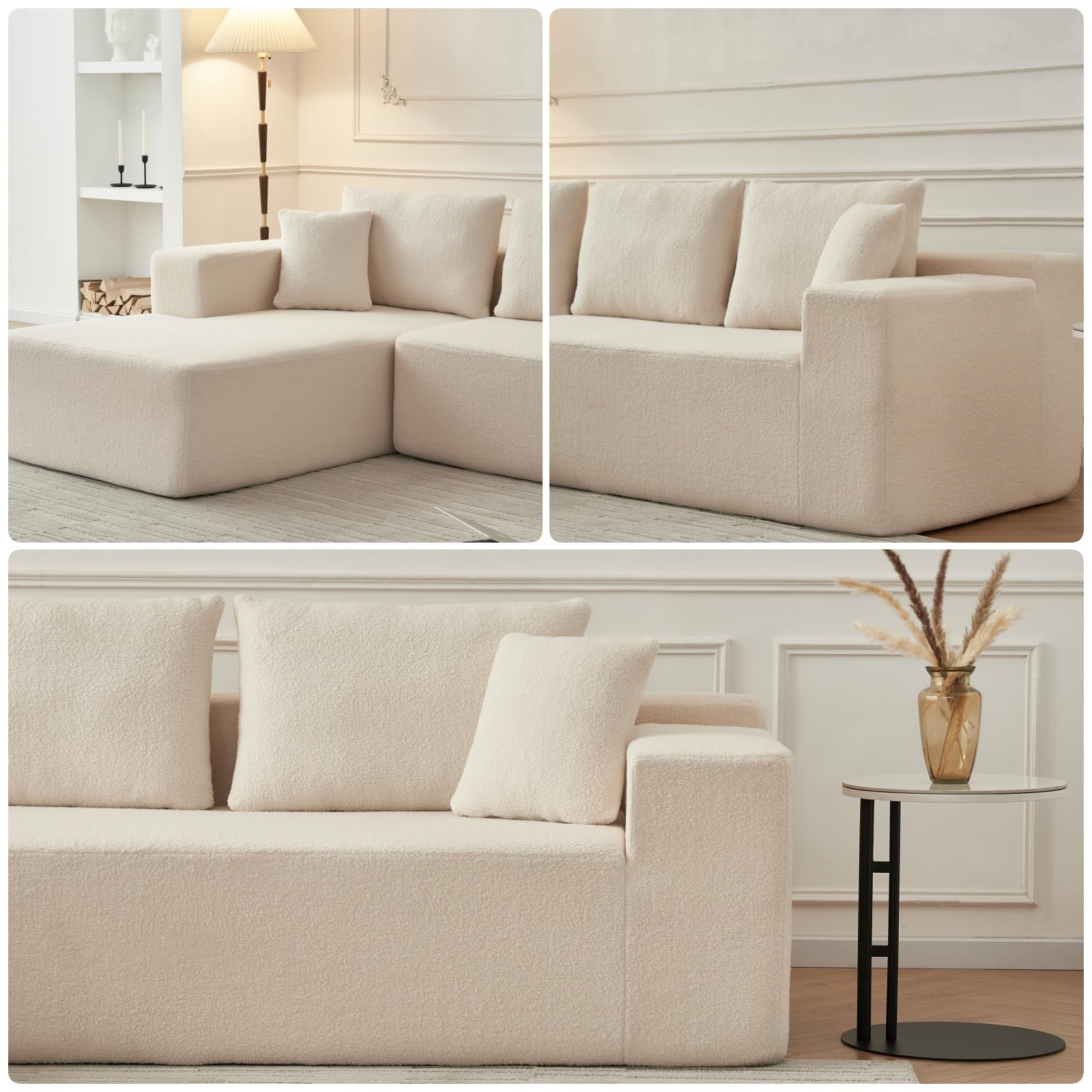 ChicFurnit Sectional Couch, Sofa with 3 Back Pillows & 2 Throw Pillows, L Shaped Polyester Upholstered 104.33" Square Arms Sofa for Apartments, Living Rooms, Beige