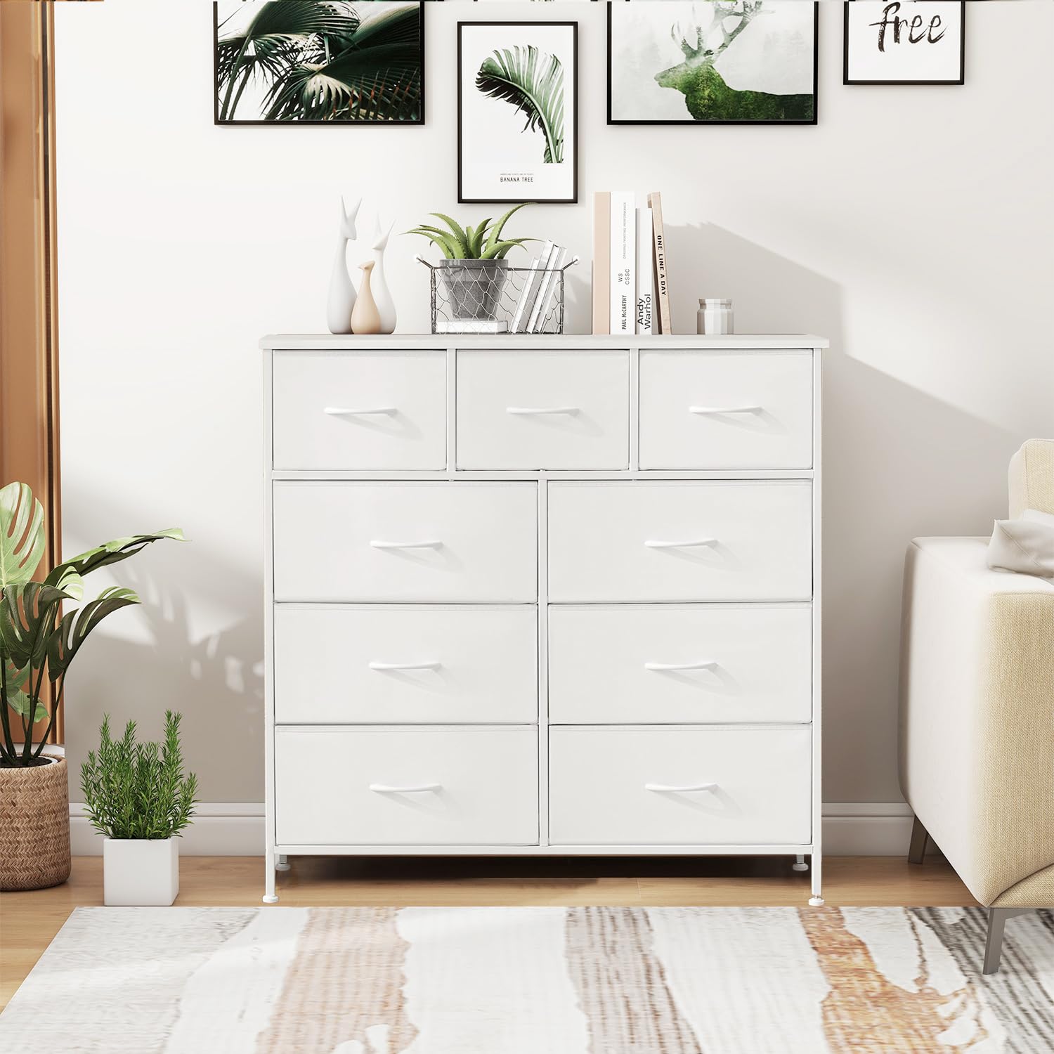 Dresser for Bedroom, 9 Storage Drawers, Anti-Tip Tall Fabric Closet Chests Organizer Tower Furniture with Wooden Top Metal Frame for Clothes, Kids Room, Living Room, Hallway, Entryway (White)