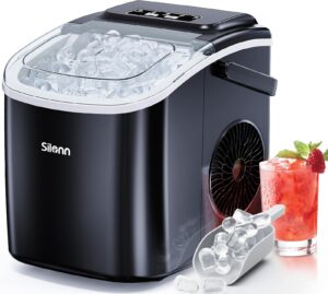 silonn ice makers countertop, 26lbs/24h, self-cleaning ice machine, 9 cubes ready in 6 mins, 2 sizes of bullet ice for home kitchen office bar party,black