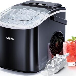 Silonn Ice Makers Countertop, 26Lbs/24H, Self-Cleaning Ice Machine, 9 Cubes Ready in 6 Mins, 2 Sizes of Bullet Ice for Home Kitchen Office Bar Party,Black