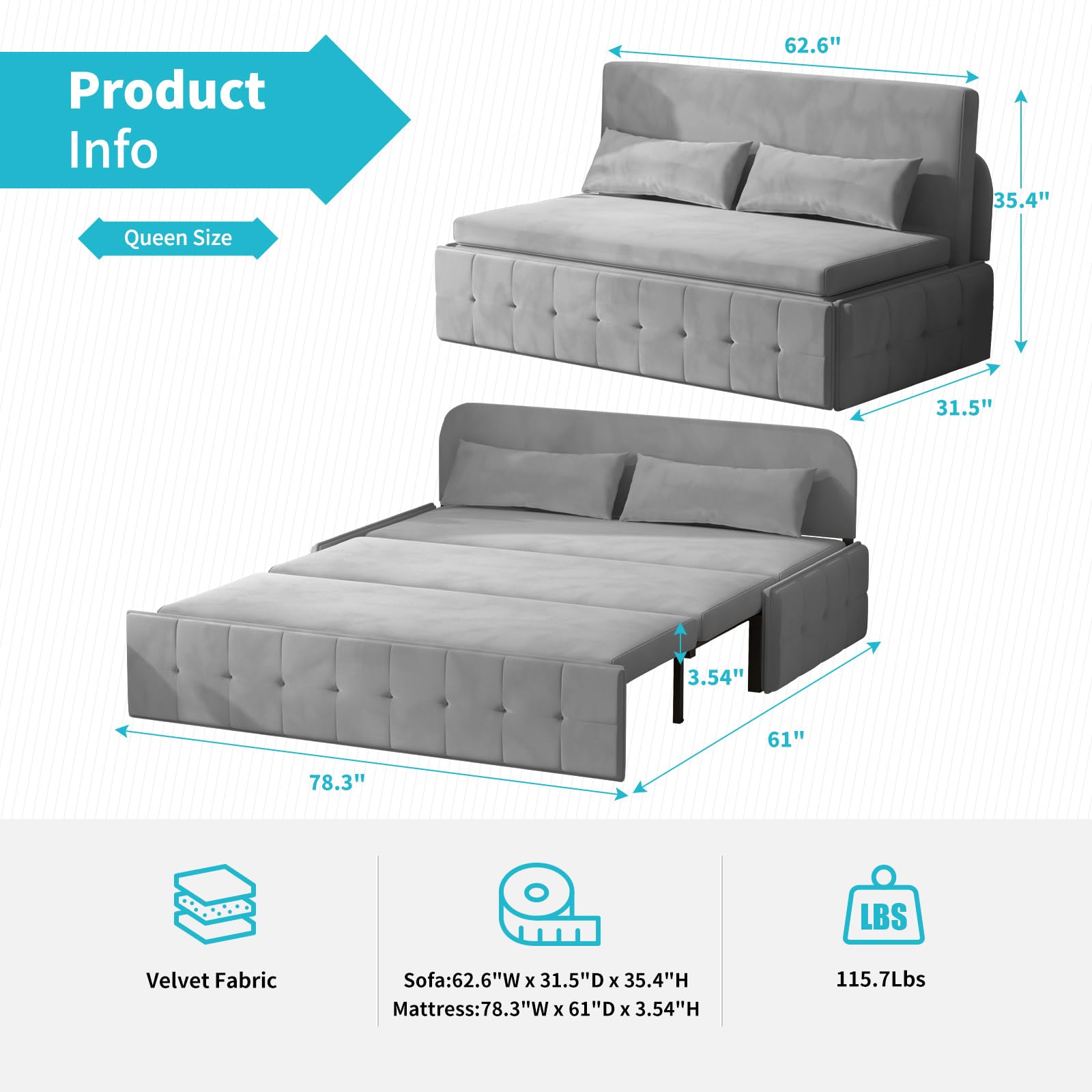 CECER Queen Size Pull Out Sofa Bed, Guest Couch Bed with 2 Pillows, Velvet Convertible Sleeper Sofa with Foldable Mattress, 3 in 1 Armless Loveseat Bed for Living Room，Small Space(Light Grey)