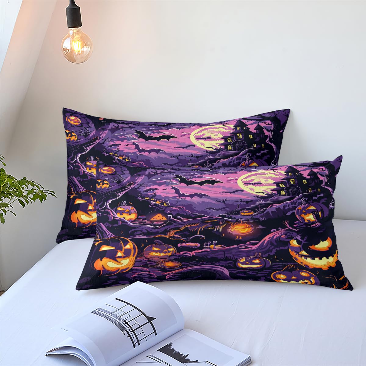 CCoutueChen Horror Ghost Face Duvet Cover Set for Kids Boys,King Size Halloween Bedding Set,Bats Castle Pumpkin Lights Pattern Comforter Cover with 2 Pillowcases, 3Pieces Soft Microfiber