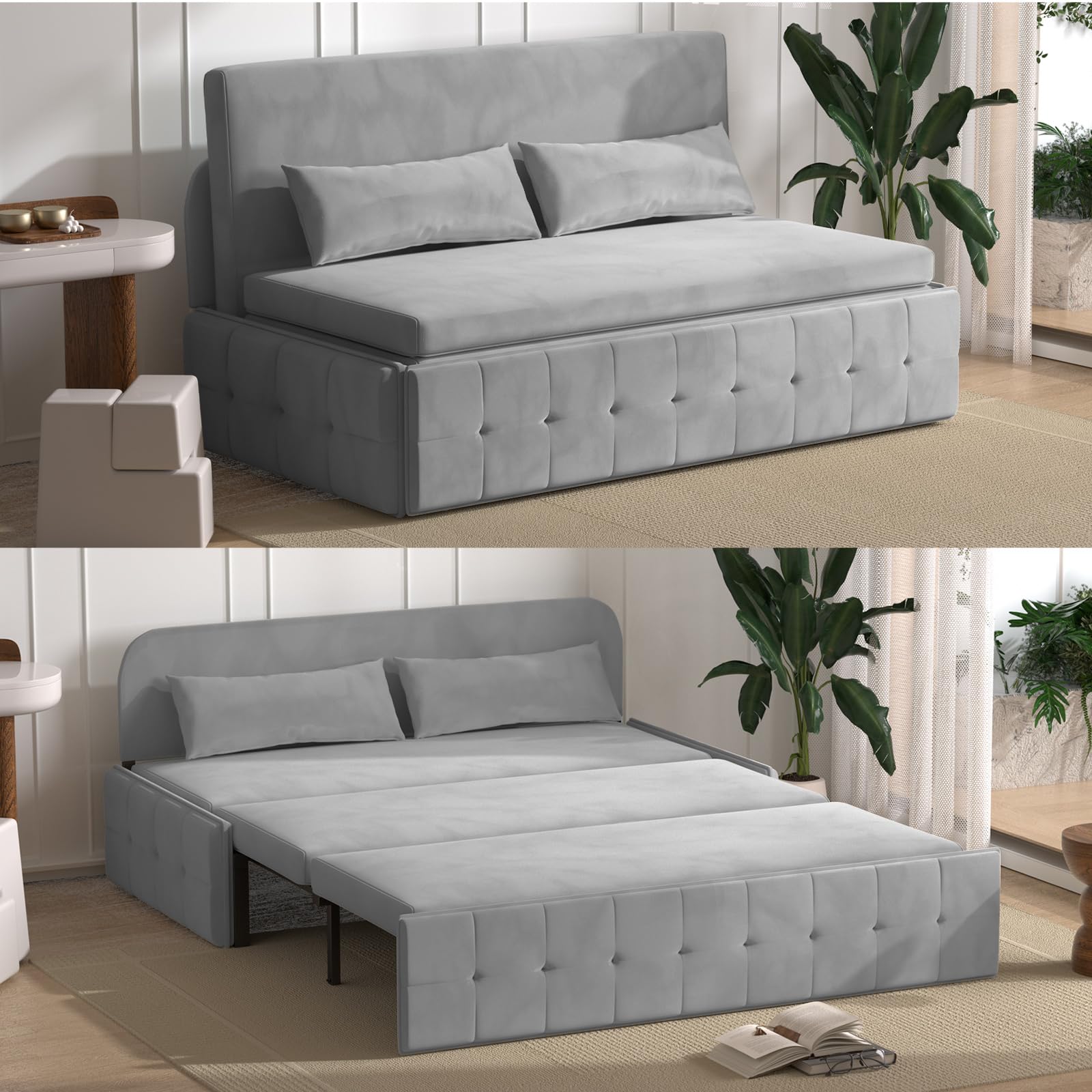 CECER Queen Size Pull Out Sofa Bed, Guest Couch Bed with 2 Pillows, Velvet Convertible Sleeper Sofa with Foldable Mattress, 3 in 1 Armless Loveseat Bed for Living Room，Small Space(Light Grey)