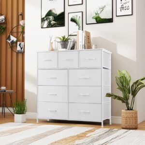 dresser for bedroom, 9 storage drawers, anti-tip tall fabric closet chests organizer tower furniture with wooden top metal frame for clothes, kids room, living room, hallway, entryway (white)