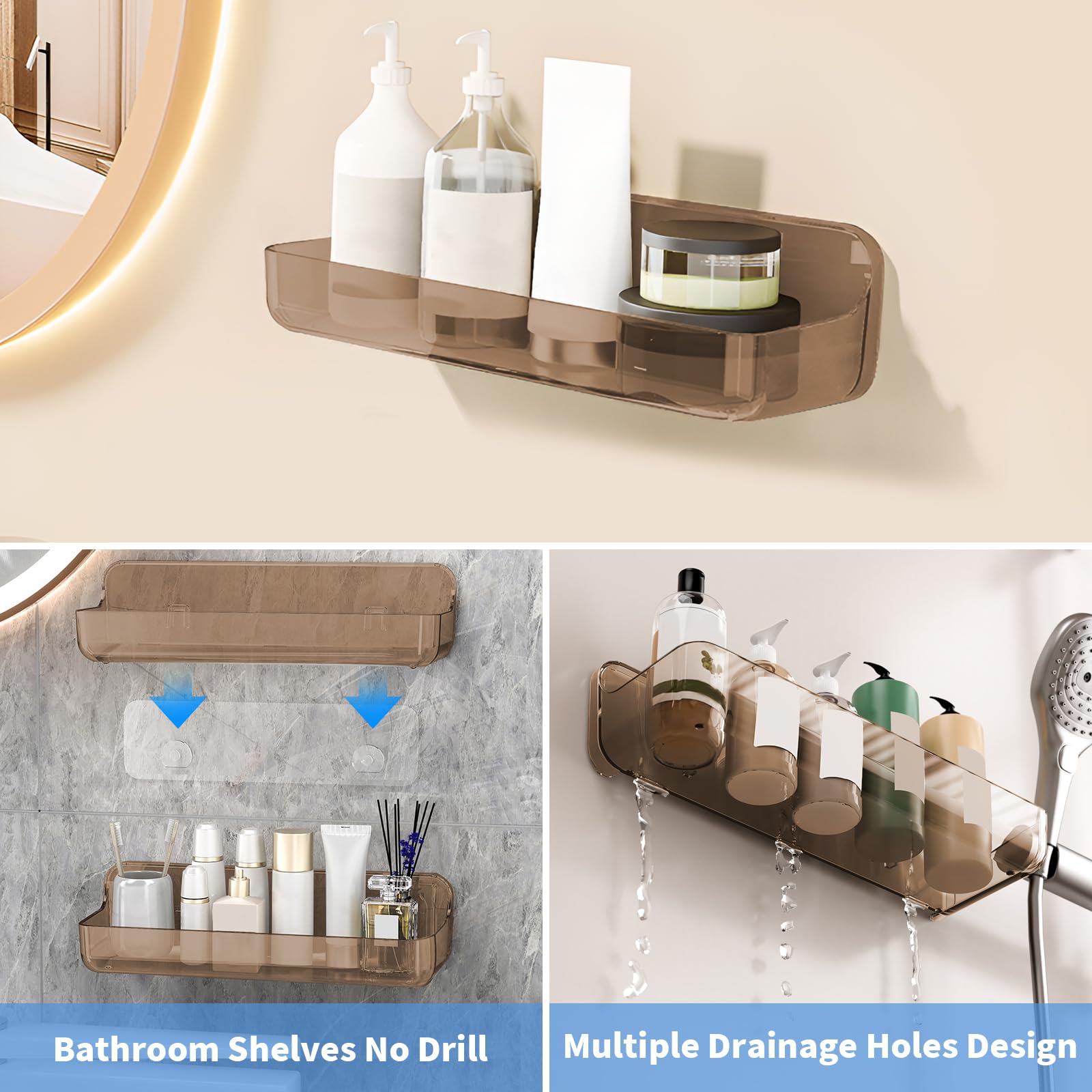 Diesisa 2pc Acrylic Wall Mounted Shower Caddy, Adhesive Shelf, Bathroom Shelves for Wall, Self Adhesive Organizer, No Drilling Hang Walls, with Self Adhesive Tape, for Bathroom, Kitchen, Living Room