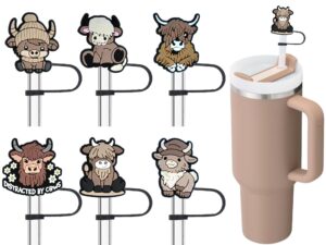 amreich highland cow straw topper for stanley cup - cute animal straw cover cap for almond rose 30 40 oz tumblers 10mm stanley straw accessories