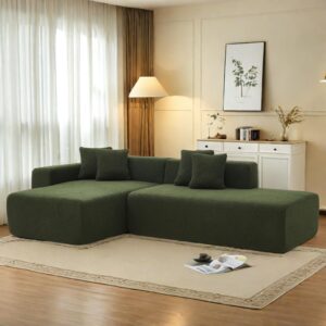 ChicFurnit Sectional Couch, Sofa with Right Chaise Lounge, L-Shaped Lambs Wool Fabric Upholstered Couch, 5-Seater Corner Sofa with 4 Back Pillows for Apartments, Living Room, Green