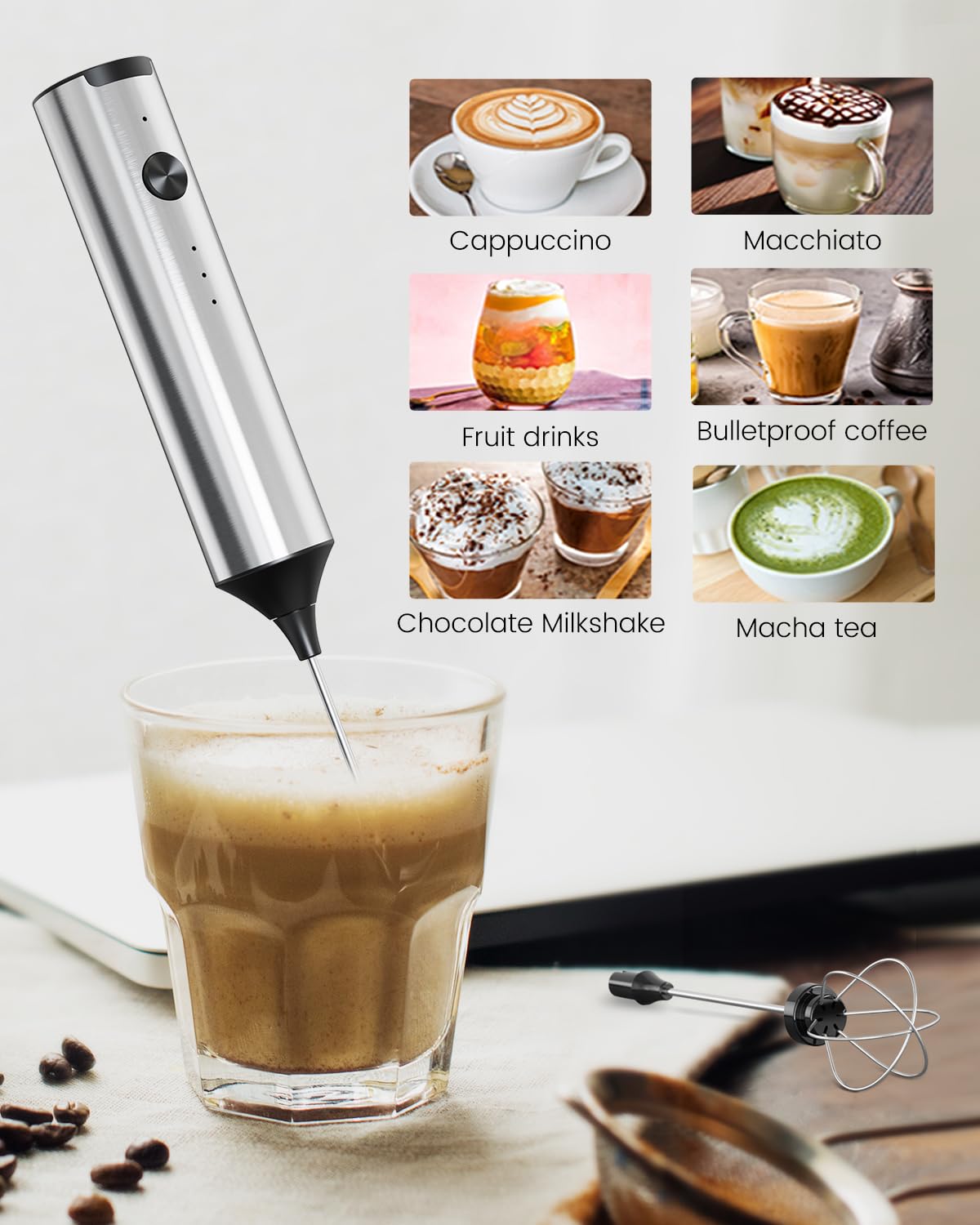 CIRCLE JOY Powerful Milk Frother Handheld with 3-Speed, Coffee Frother Wand Rechargeable Mini Drink Mixer with 2 Stainless Steel Whisk for Matcha, Hot Chocolate, Cappuccino,& Egg Mini Frother