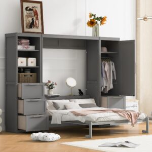 modern queen size murphy bed with closet, drawers and shelves, cabinet bed folding wall bed for guest room, office (gray@1)