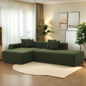 ChicFurnit Sectional Couch, Sofa with Right Chaise Lounge, L-Shaped Lambs Wool Fabric Upholstered Couch, 5-Seater Corner Sofa with 4 Back Pillows for Apartments, Living Room, Green