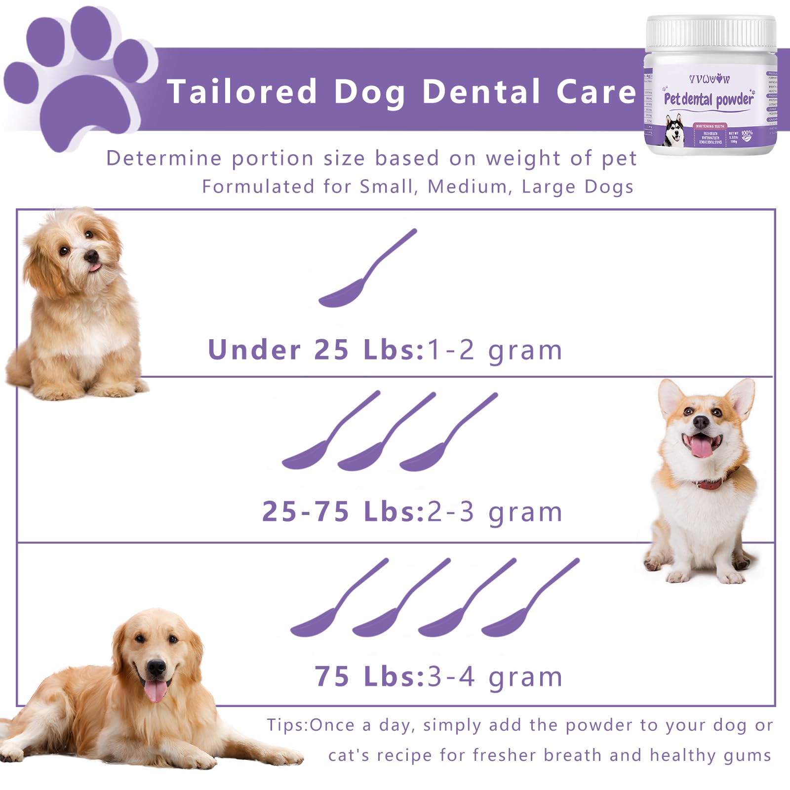 Dog Dental Powder, Dog Teeth Cleaning Powder for Dog Plaque and Tartar, Dog Breath Freshener for Bad Breath, Dog Dental Care for Small, Medium, Large Dogs