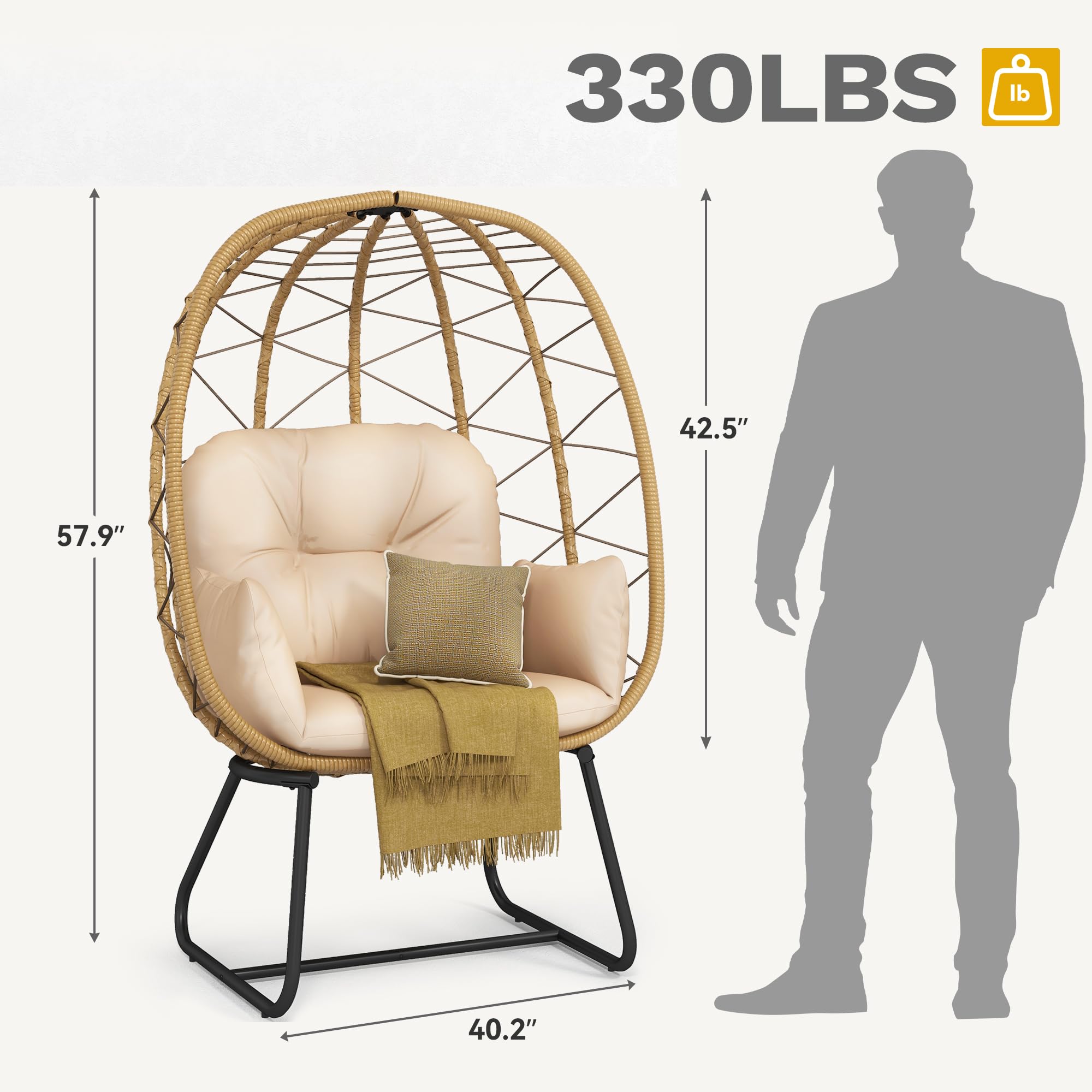 DWVO Egg Basket Chair Patio Chair with Stand Anti-Slip All-Weather Poratble Wicker Egg Lounger Chair for Indoor Outdoor 330LBS (Beige)