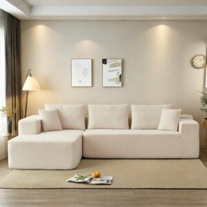 ChicFurnit Sectional Couch, Sofa with 3 Back Pillows & 2 Throw Pillows, L Shaped Polyester Upholstered 104.33" Square Arms Sofa for Apartments, Living Rooms, Beige