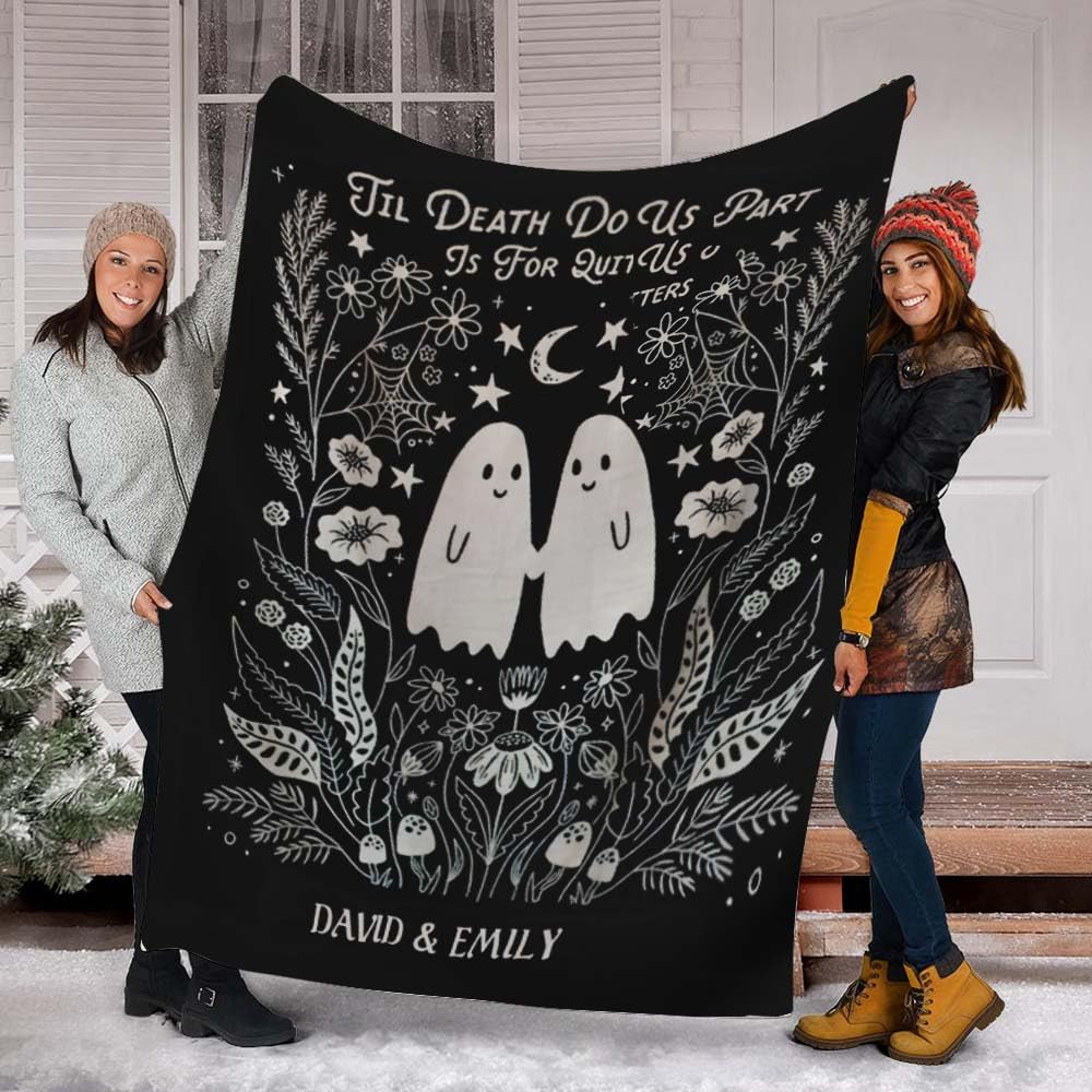 Gearpenguin Customized Ghosts Throw Blanket for Couple, Til Death Do Us Part Blanket, Funny Wedding Anniversary Valentines Presents for Her Him Wife Husband, Cute Goth Halloween Fleece Blanket