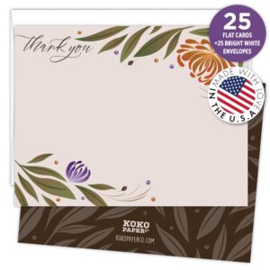 Koko Paper Co Autumn Floral Thank You Cards for Fall Events. 25 Flat Thank You Cards + 25 Bright White Envelopes. Made in the U.S.A.