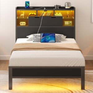 rolanstar twin bed frame with charging station, led bed with bookcase storage headboard, metal platform bed with glass shelves, no box spring needed, noise-free, black