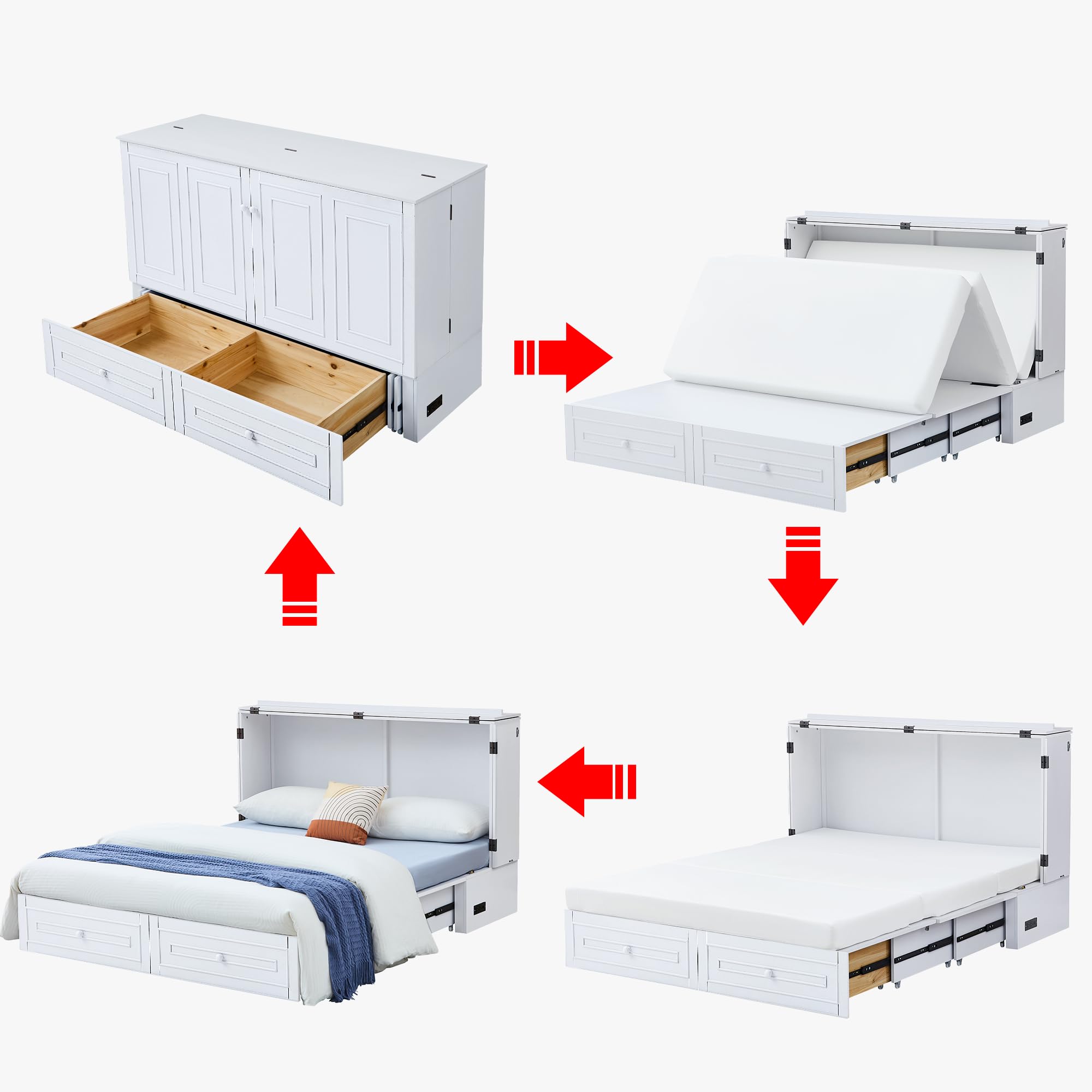 EDWINENE Queen Murphy Bed, Murphy Bed Cabinet with Charging Station, Storage Drawers & Foldable Mattress, Space-Saving Murphy Bed for Living Room & Bedroom (White)