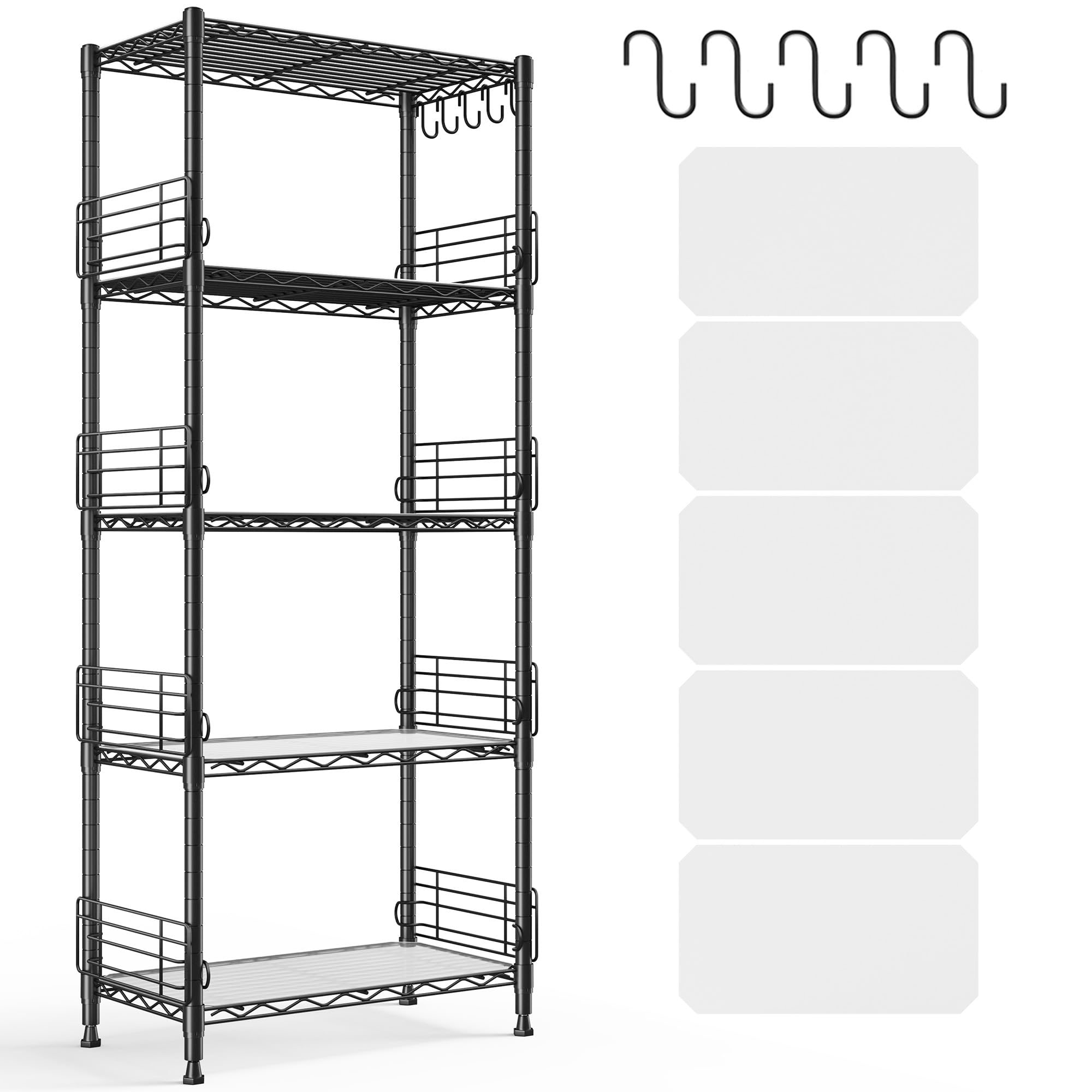 REIBII 5-Tier Storage Shelves Wire Shelving Unit with Side Blockers Adjustable Metal Shelves for Storage Rack with 5 Hooks & Shelf Liners Metal Shelving for Small Space, Kitchen Bathroom Closet Pantry