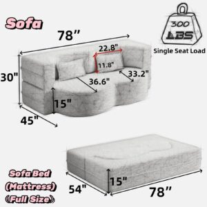 LITVZ Folding Sofa Bed Queen, Lazy Floor Sofa Couch with 8 Inch Folding Mattress, 2-in-1 Convertible Foam Compressed Sofa Fold Out Couch Bed for Adults (White)