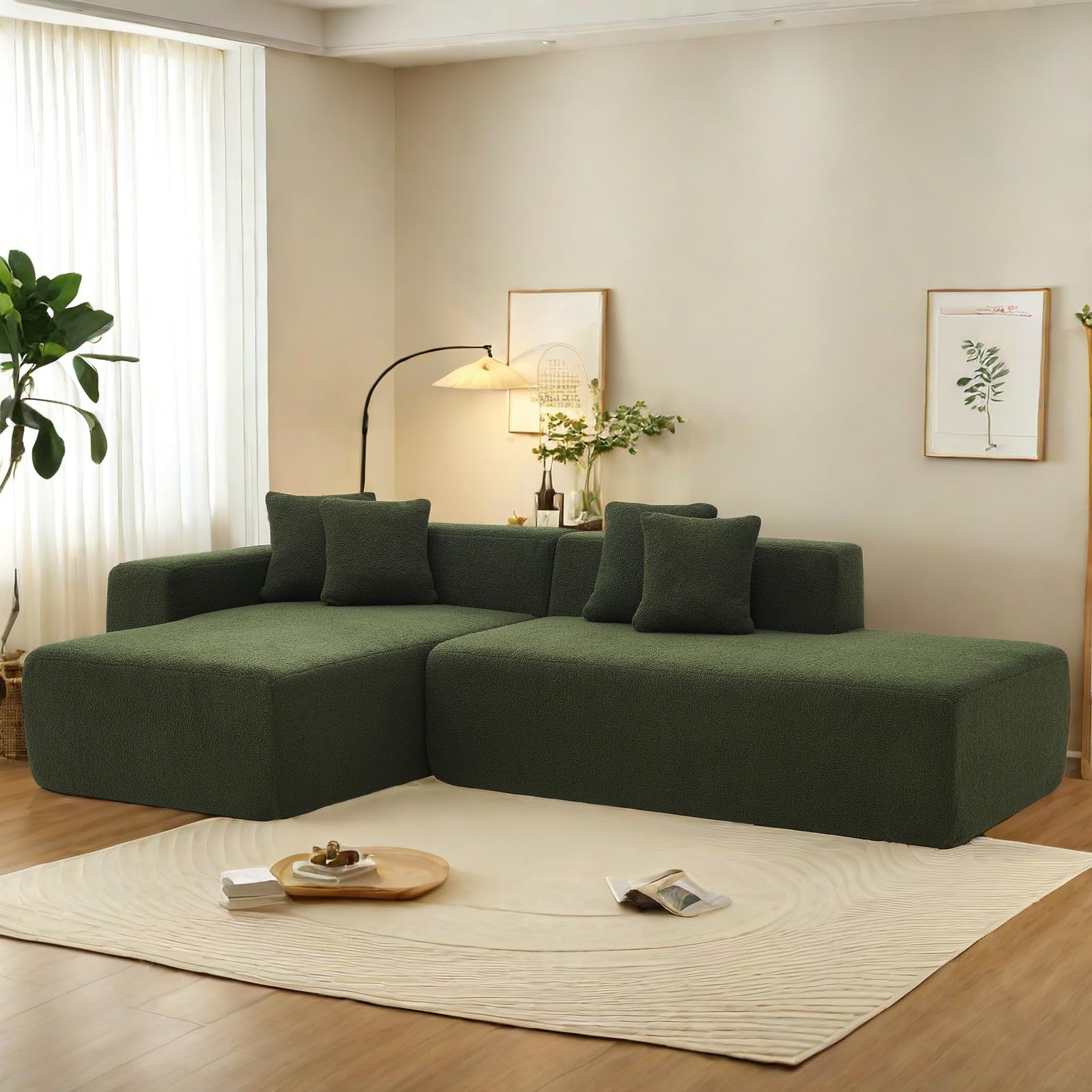 ChicFurnit Sectional Couch, Sofa with Right Chaise Lounge, L-Shaped Lambs Wool Fabric Upholstered Couch, 5-Seater Corner Sofa with 4 Back Pillows for Apartments, Living Room, Green