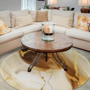 Round Rug 4ft for Kitchen Living Room Bedroom Dining Room Table Outdoor Entryway Washable Large Carpet Circular Circle Area Rug Luxury Brown and Gold Marble Abstract Premium Italian Glossy