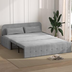 CECER Queen Size Pull Out Sofa Bed, Guest Couch Bed with 2 Pillows, Velvet Convertible Sleeper Sofa with Foldable Mattress, 3 in 1 Armless Loveseat Bed for Living Room，Small Space(Light Grey)