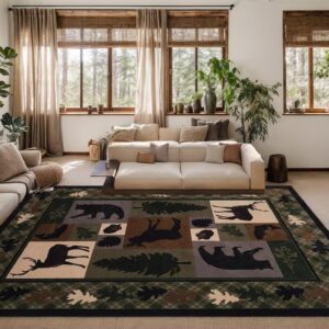 qmkmyy vintage lodge cabin area rug 6'x9' hunting bear deer print rugs rustic wildlife living room rug country style leaf carpet low pile floor mat,black