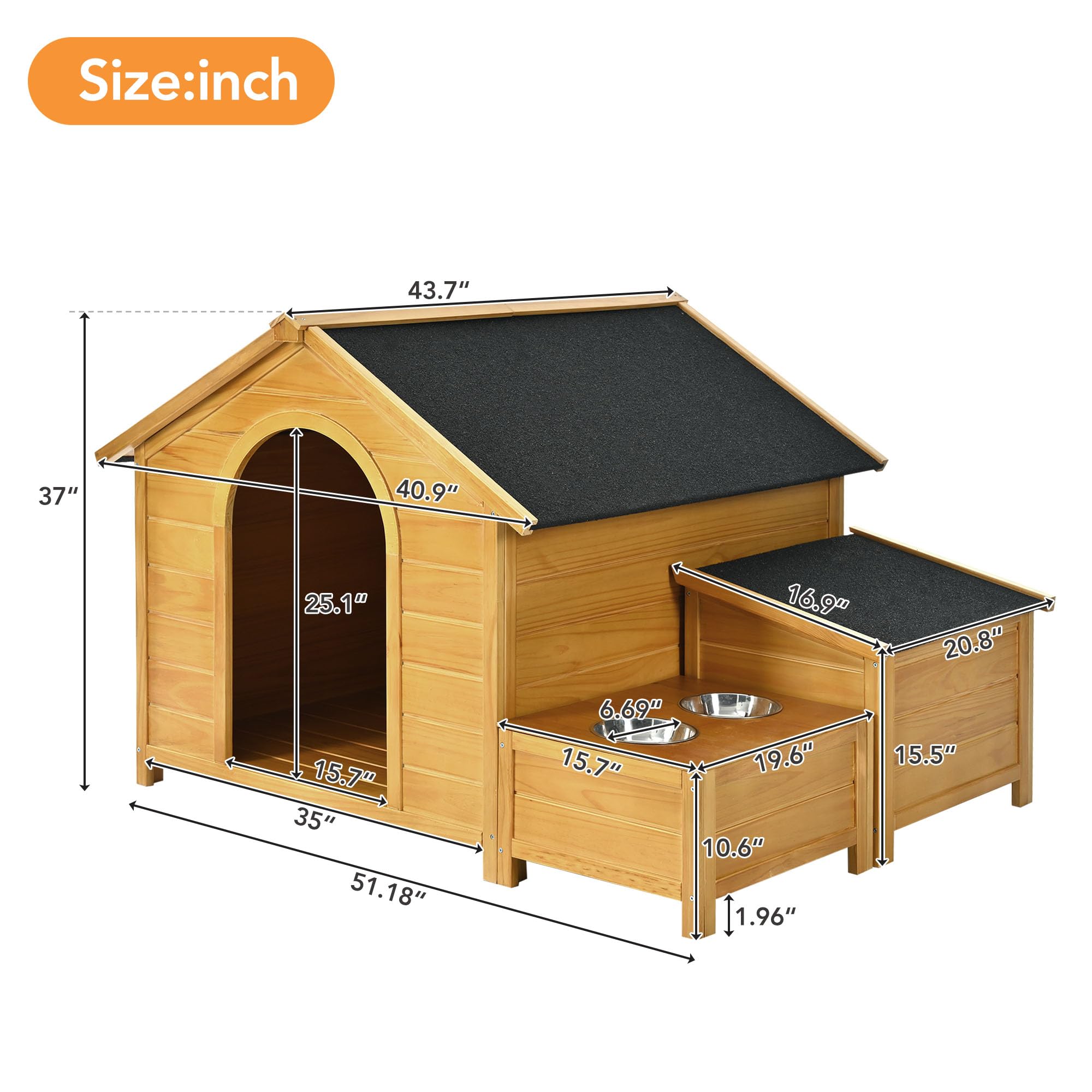 LUSPAZ 51.18 Inch Large Size Wooden Dog House, for Large Dog Breeds, Cabin Style Raised Dog Shelter with Asphalt Roof, Solid Wood, Weatherproof, Nature