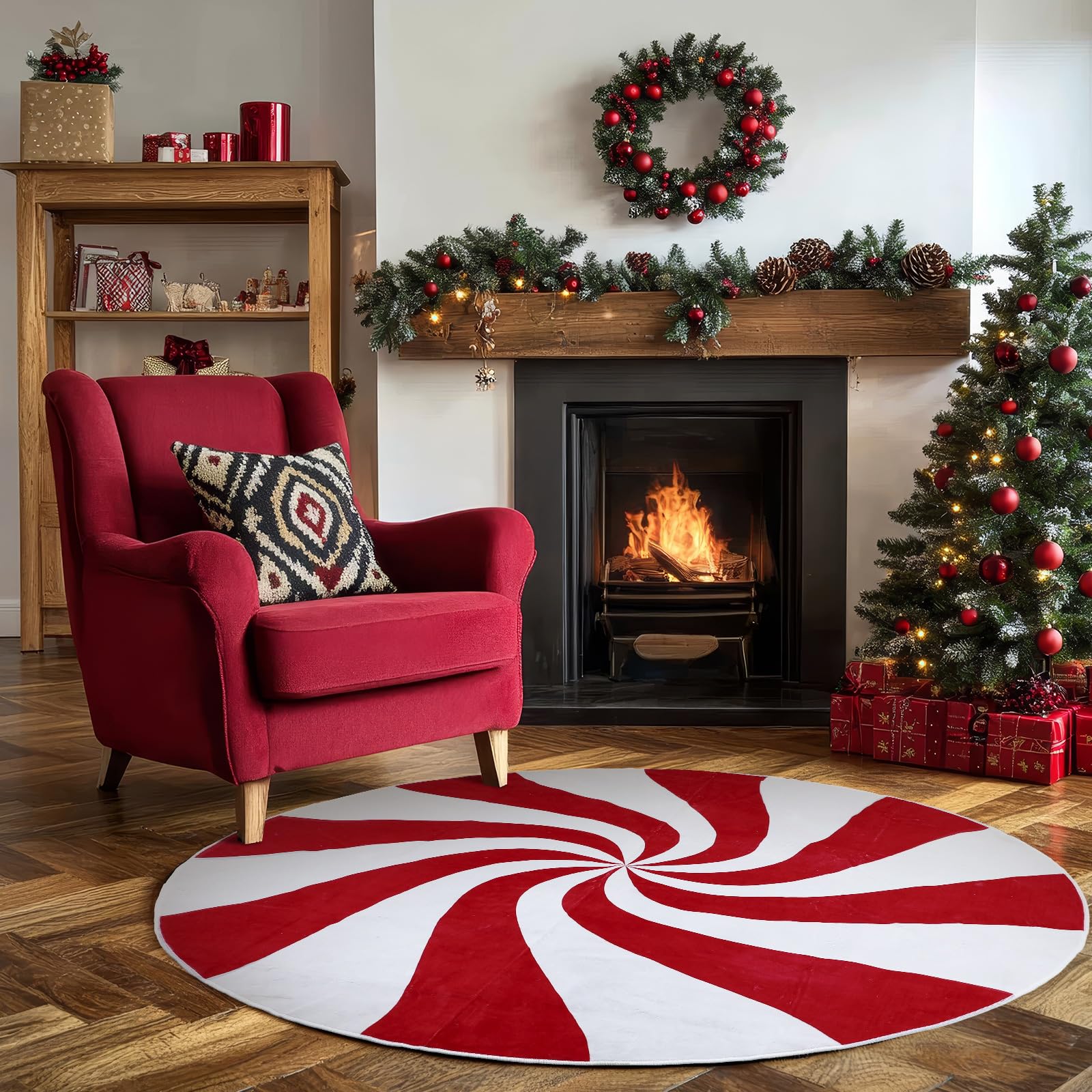 Moucuny Christmas Round Rug Large Christmas Area Rug Washable Christmas Rug Runner Non Slip Rug Carpet for Xmas Holiday Entryway Living Room Bedroom Indoor Decoration(Red,Lollipop)