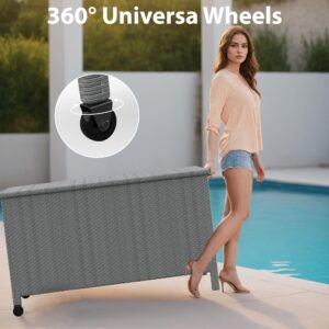 SUNNYFURN 120 Gallon Wicker Deck Box, Patio Deck Box Outdoor Storage Box, Patio Rattan Deck Box, Rattan Outdoor Bins, with Wheels Large Storage Bench Box, for Patio Furniture, Outdoor, Grey