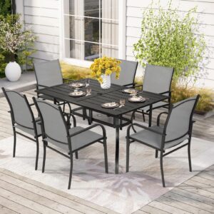 crownland 7 piece patio dining set, outdoor textilene dining sets, 6 textilene metal chairs and rectangular outdoor dining table with 1.57" umbrella hole (grey)